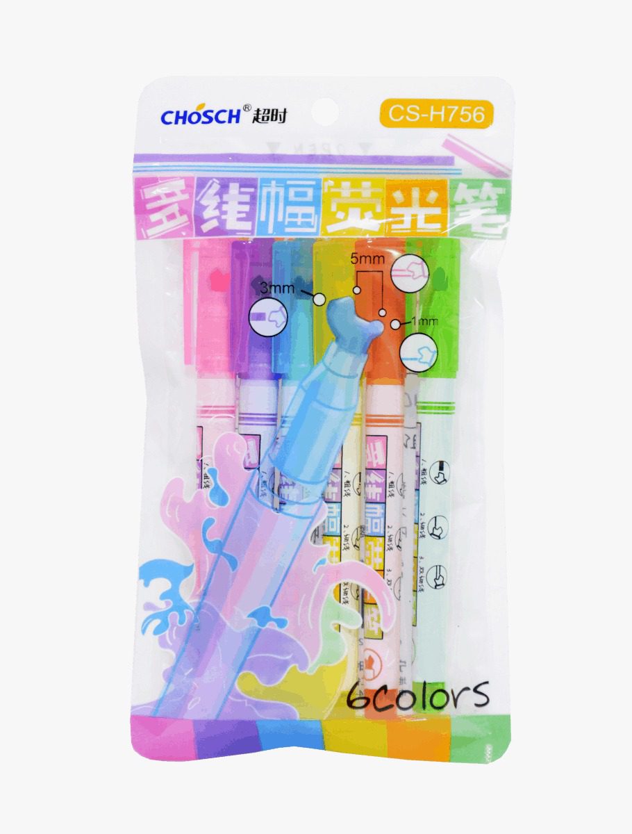 Pack de 6 Marcatextos Triple Linea 3 tipos de Punta en 1 - Cute Shop