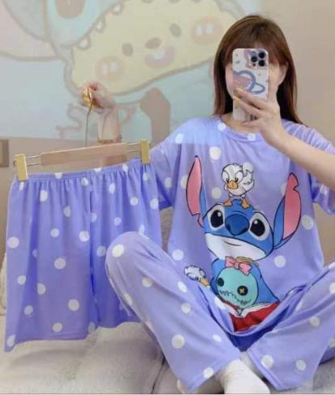 Pijama Conjunto 3 pzas short, pantalón y Blusa Stitch y Trapo Morado ...