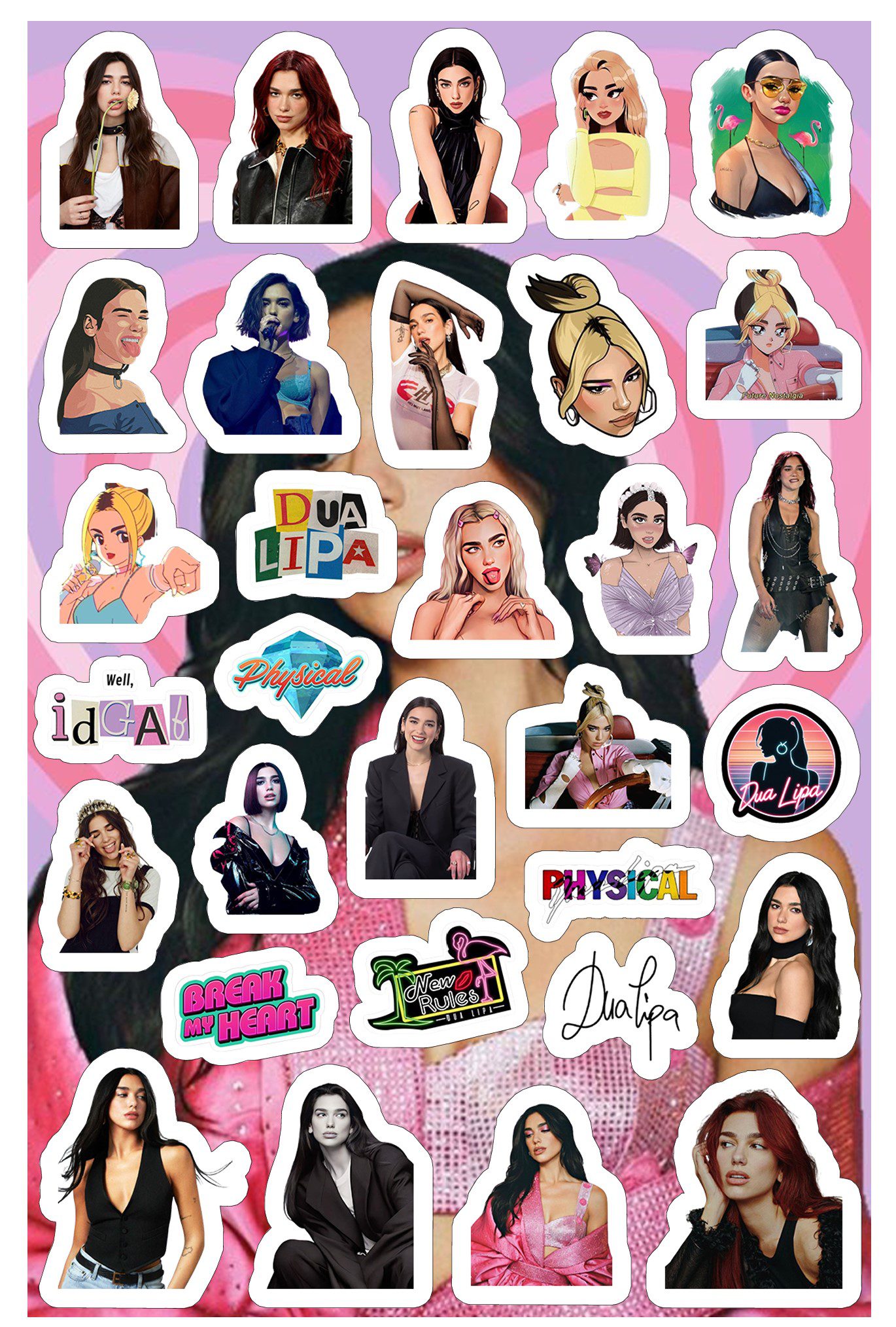Planilla con 31 Stickers Cortados con Laser Dua Lipa - Cute Shop