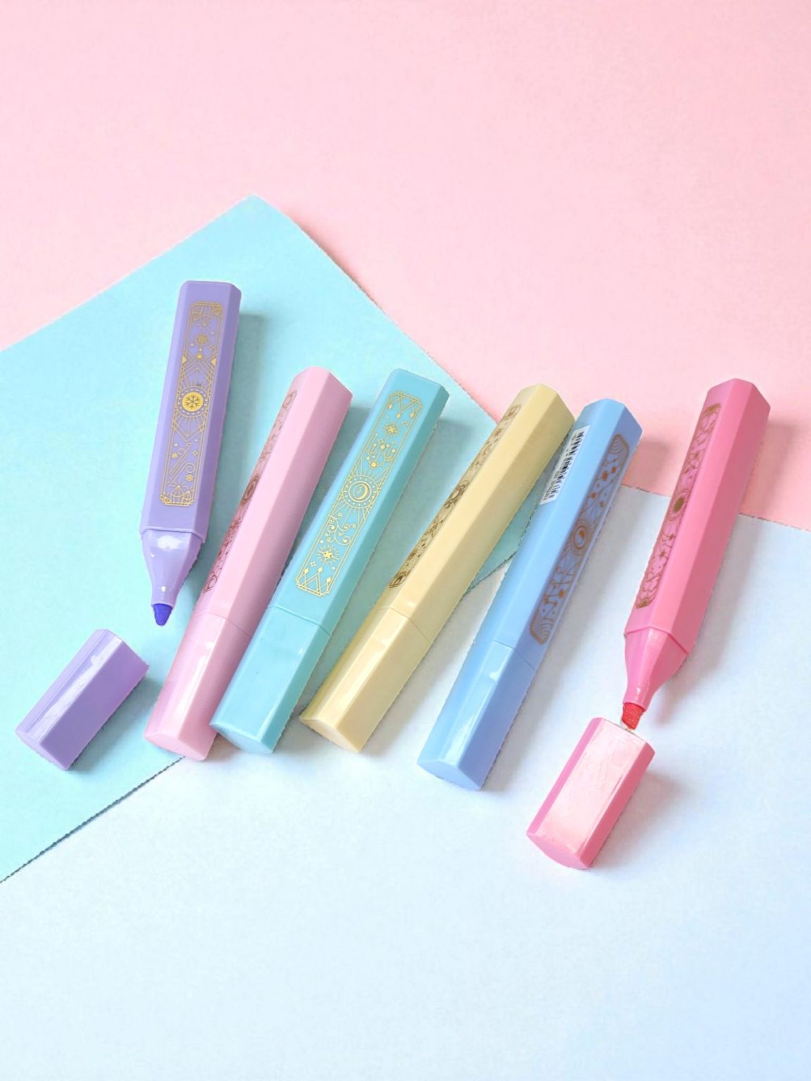 Pack de 6 Marcatextos colores Pastel con Glitter Diseño Astral - Cute Shop